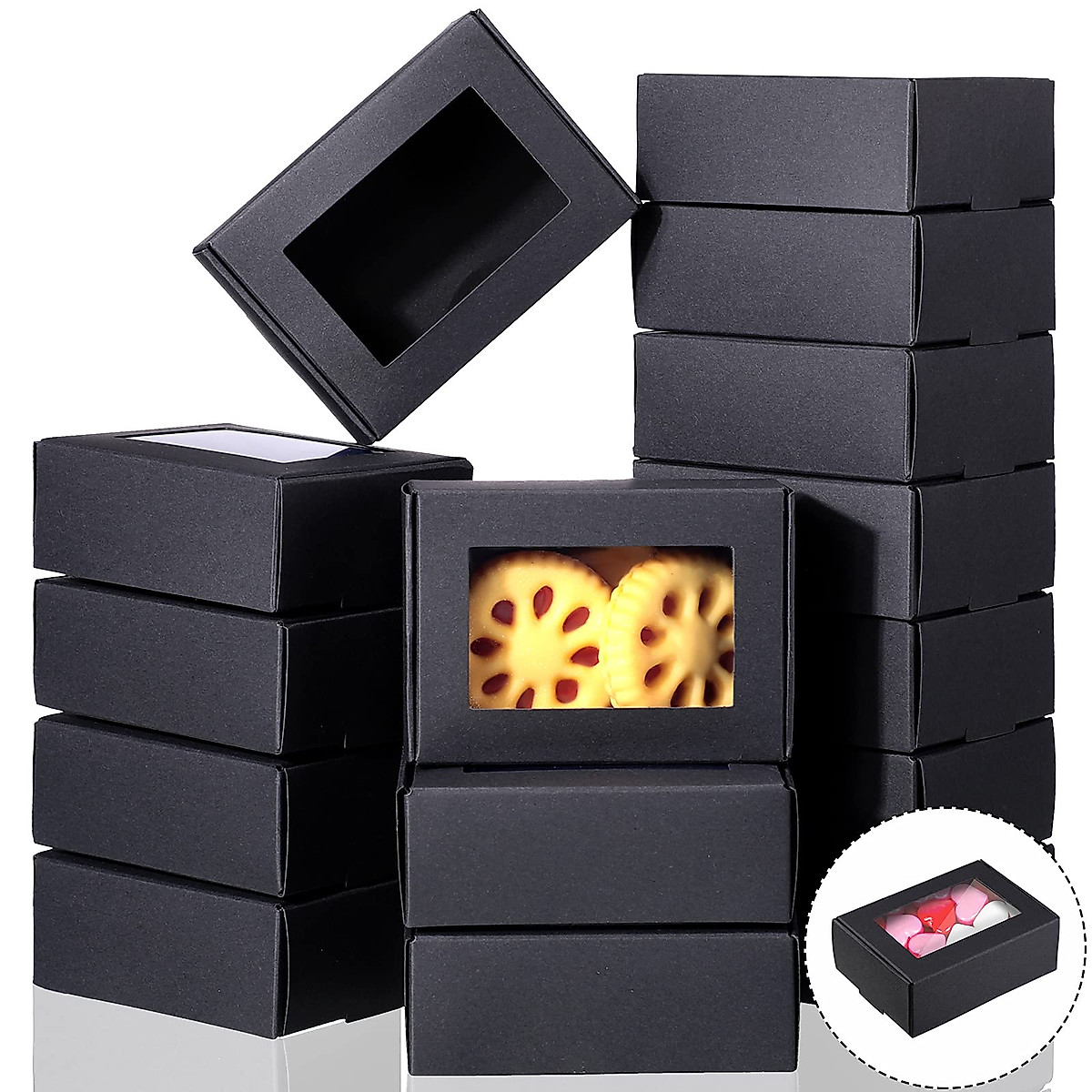 Zonon 30 Pieces Mini Kraft Paper Box with Clear Window Craft Cardboard Present Box Present Packaging Box for Favor Treat Bakery Candy, 3.34x2.36x1.18 Inch (Pack of 30)