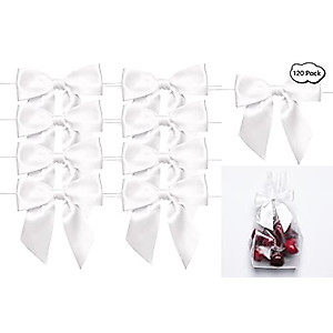 Rainbow Pana 120 Pack Twist Tie Bows for Treat Bags 2.5" White Satin Ribbon Bows for Package Craft Gift Wrapping Decoration