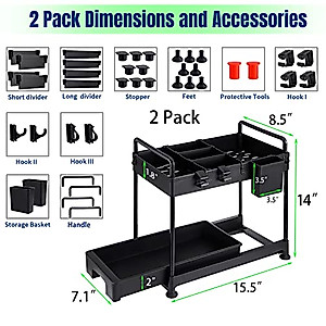 UBeesize 2 Pack Bathroom Organizer Basket Drawers, Slide Out Under Sink Cabinet Organizers and Storage for Bathroom Countertop Bathroom Sink Organizer with Hooks and Cups,Pull Out Under Sink Shelf