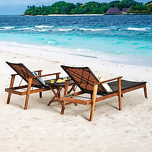 Tangkula 3 Pieces Outdoor Chaise Set, Wicker Rattan Lounge Chair w/Acacia Wood Frame, 4 Adjustable Positions Patio Wicker Lounge Set & Foldable Side Table, Suitable for Lawn, Backyard (Mix Brown)