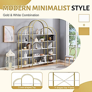 Merax Bookshelf 5 Tiers Bookcase, Gold Display Shelf Organizer with X Bar Frame, Crown-Shaped Design, White