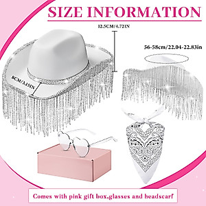 Rhinestone Cowboy Hat Glitter Cowboy Hat With Glasses, Headscarves, Adhesive Rhinestone Letter Patches(White, 1 Pack)
