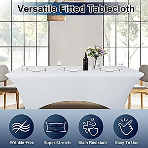 PureFit Spandex White Table Covers 6ft Fitted Table Clothes for 6 Foot Rectangle Tables, Elastic Massage Table Cover, Stretch Wrinkle Free Tablecloth for Party, Wedding, Banquet, Vendor Stand, 2 Pack