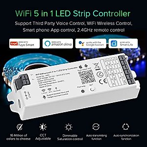 BTF-LIGHTING 5in1 WB5 2.4GHz WiFi LED Controller Compatible with Alexa Google Home Smart Life Tuya Smart APP Control for Monochrome CCT RGB RGBW RGBCCT LED Strip Match with B1 B2 B3 B4 etc Remote
