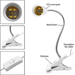 Bahong Clip Desk Lamp Socket,Desk Light Adapter,Clip Light Bulb Holder,E26/E27 Flexible Light Socket,86.6in Table Reading Light,Night Light with Cord,Clamp Light Bulb Stand with On/Off Switch (1PC)