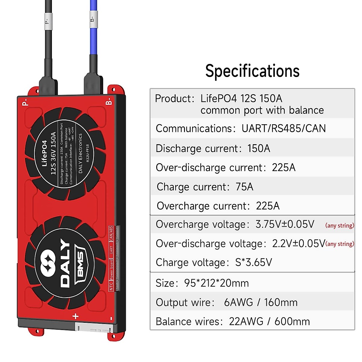 DALY Smart BMS LiFePo4 12S 36V 150A PCB Battery Protection Board with UART Communication and CAN 485 Bluetooth Battery Monitoring Module for Household Energy Storage