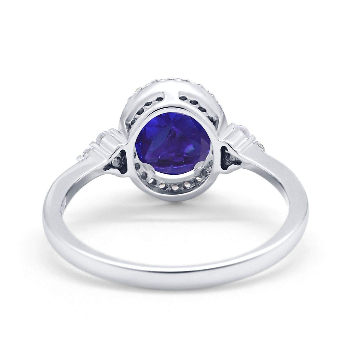 Simulated Blue Sapphire Cubic Zirconia Size-12 Halo Art Deco Oval Wedding Engagement Ring Round Simulated Cubic Zirconia 925 Sterling Silver