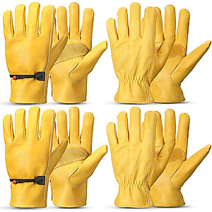 Bencailor 4 Pairs Cowhide Leather Gloves Adjustable Wrist Gloves Puncture Cut Resistant Gloves Work Gloves for Men & Women(Golden Yellow)