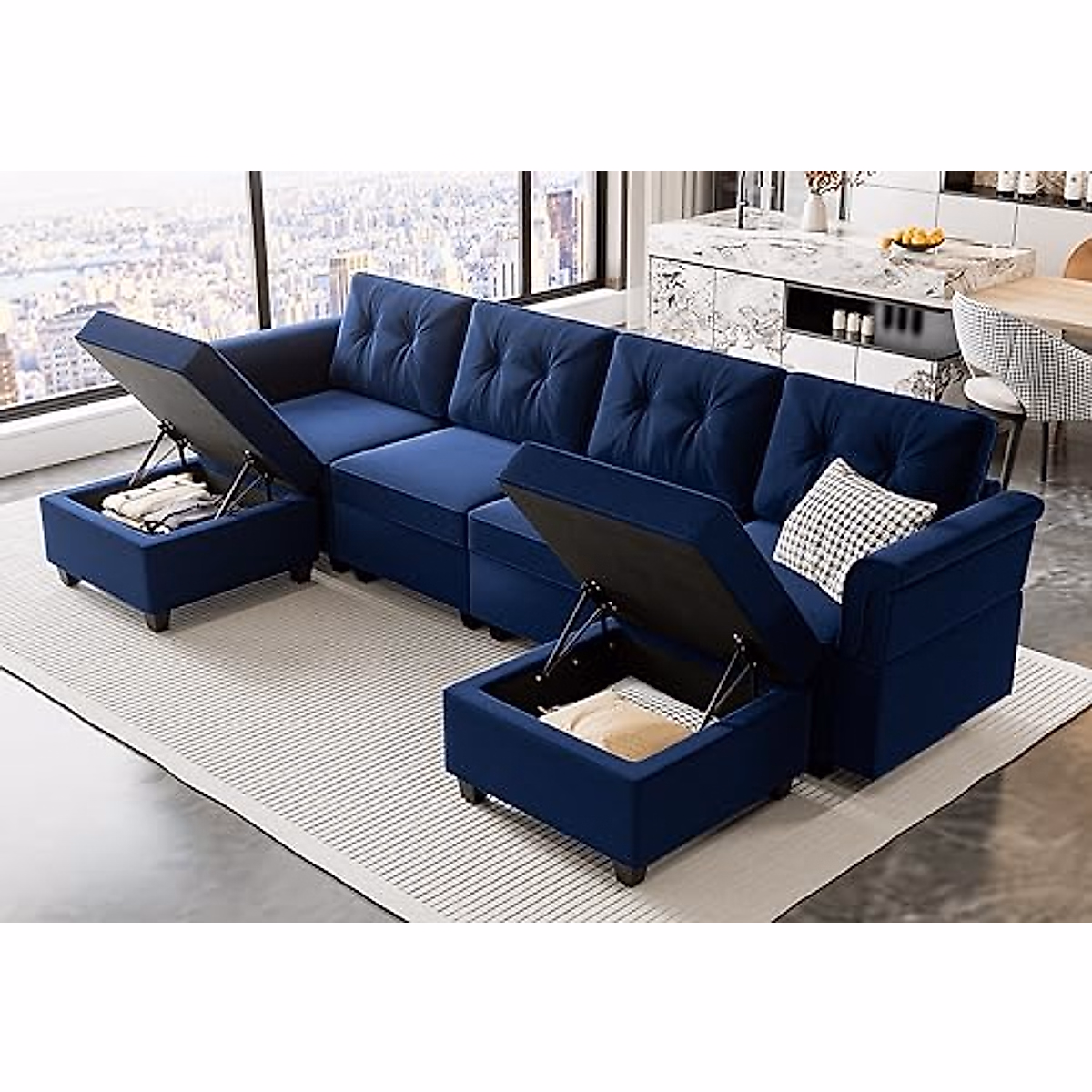 Belandi Modular Sectional Sofa Couch, U-Shaped Sleeper Couch with Reversible Chaise, Modular Sectionals with Ottomans, 6-Seat Sofa Set with Storage for Living Room, Blue