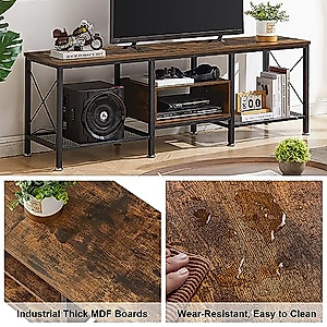 VECELO Industrial TV Stand for 70 Inch Television Cabinet 3-Tier Console with Open Storage Shelves, Entertainment Center Metal Frame for Living Room, Bedroom, 63 Inch, Dark Brown