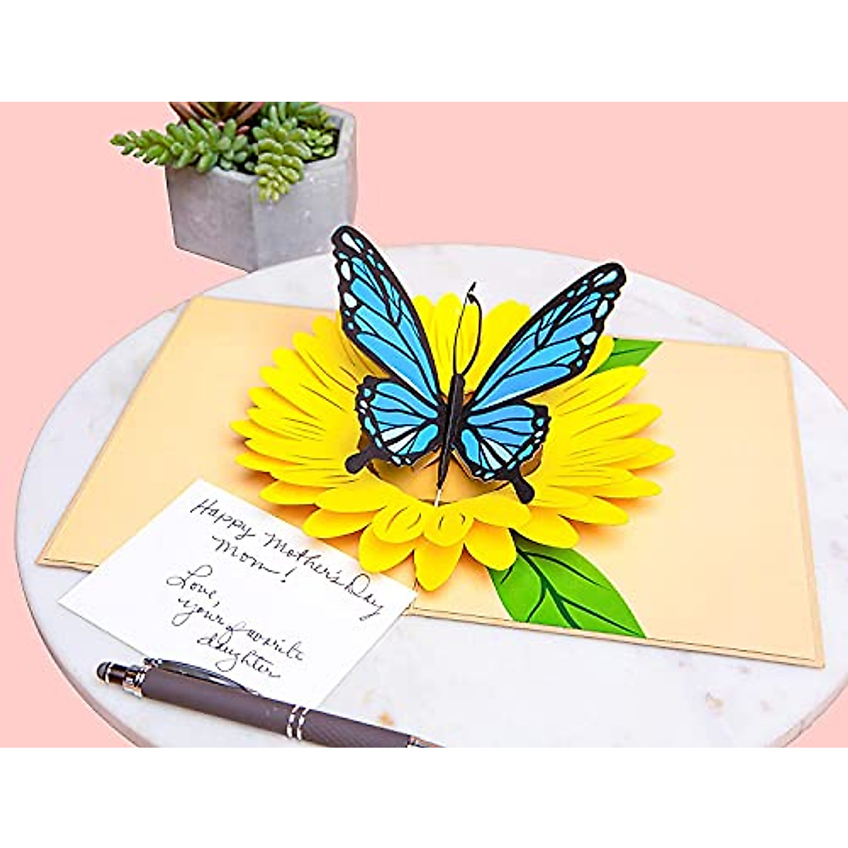 PopLife Blue Butterfly and Sunflower Pop Up Mother's Day Card - 3D Anniversary, Valentine's Day Card, Thank You, Happy Birthday - for Mom, for Wife, for Daughter, for Sister