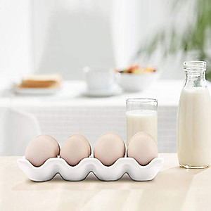 Flexzion Ceramic 12 Cups Egg Tray - Whole Dozen Porcelain Egg Holder Container Keeper Storage Organizer Decorative Serving Stand Serveware for Refrigerator Fridge Countertop Display Kitchen (White)