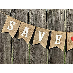Save The Date Burlap Banner - Engagement Picture Prop Wedding Announcement - Ready to Hang Bridal Shower Decoration – White Letters & Red Hearts Garland by Jolly Jon