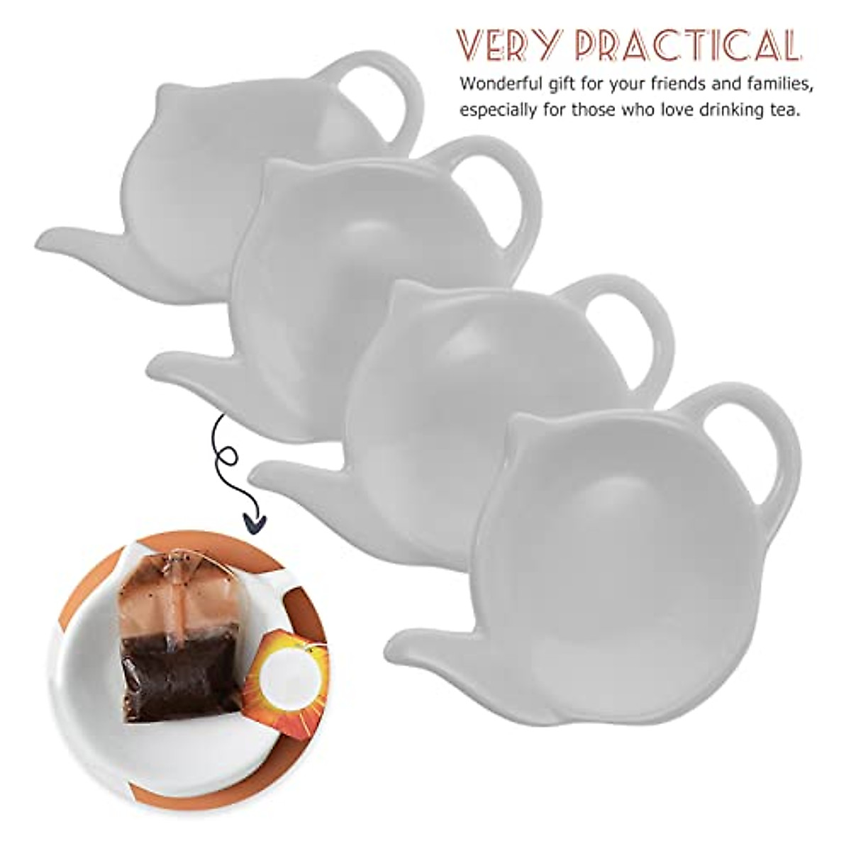 Soy Sauce Dish Jewelry Holder 4Pcs Tea Bag Holder Ceramic Teabag Coaster Teapot Shaped Seasoning Dish for Sauce Dessert (White) Tea Bag Organizer Tea Plates
