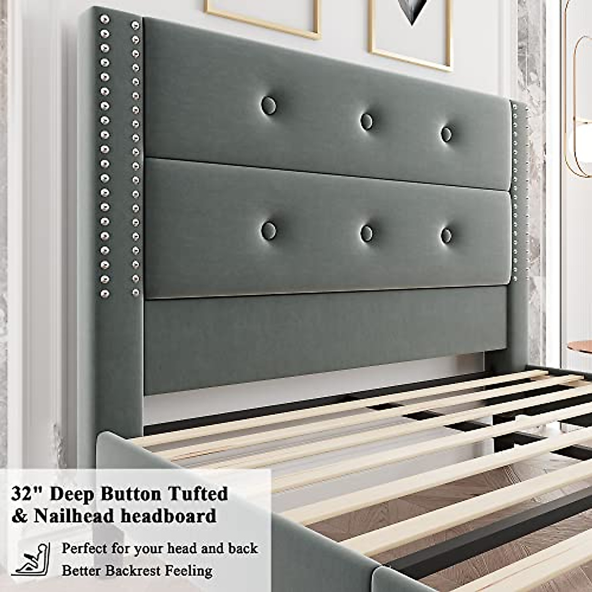 iPormis King Size Platform Bed Frame, Velvet Upholstered Bed Frame with Button Tufted & Nailhead Headboard, Wooden Slats Support, No Box Spring Needed, Noise-Free, Gray