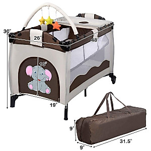 BABY JOY 3 in 1 Pack and Play, Portable Playard with Hanging Toys, 2 Lockable Wheels Diaper Changing Table, Foldable Travel Bassinet Bed (Coffee)