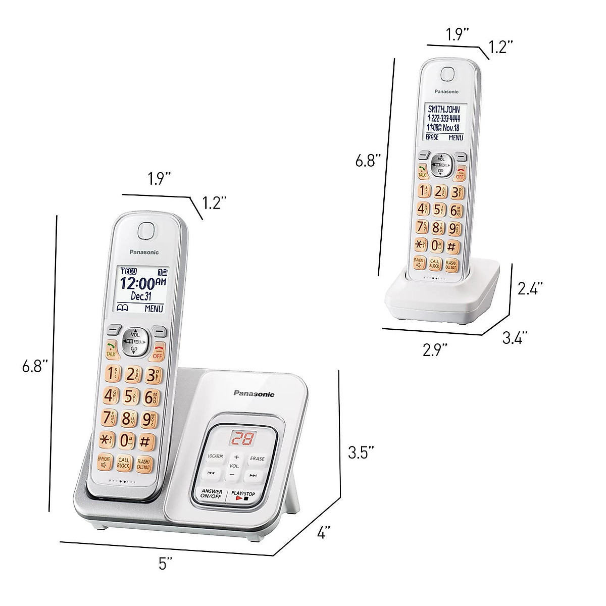 Panasonic DECT 6.0 Expandable Cordless Phone with Answering Machine and Smart Call Block - 2 Cordless Handsets - KX-TGD632W (White/Silver)
