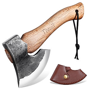 Tivoli 9-inch Small Hatchet Camping Axe, Small Bushcraft Axe for Chopping Wood, Survival Axes and Hatchets, Hand Forged Carbon Steel Carving Axe, Ash Wood Handle, Retro Sheath