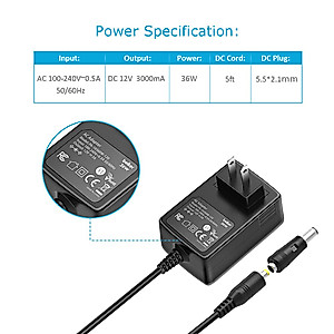 Belker 12V 3A 2.5A AC DC Power Adapter Supply Cord Wall Charger for 12 Volt Electronics - 3000mA Max.
