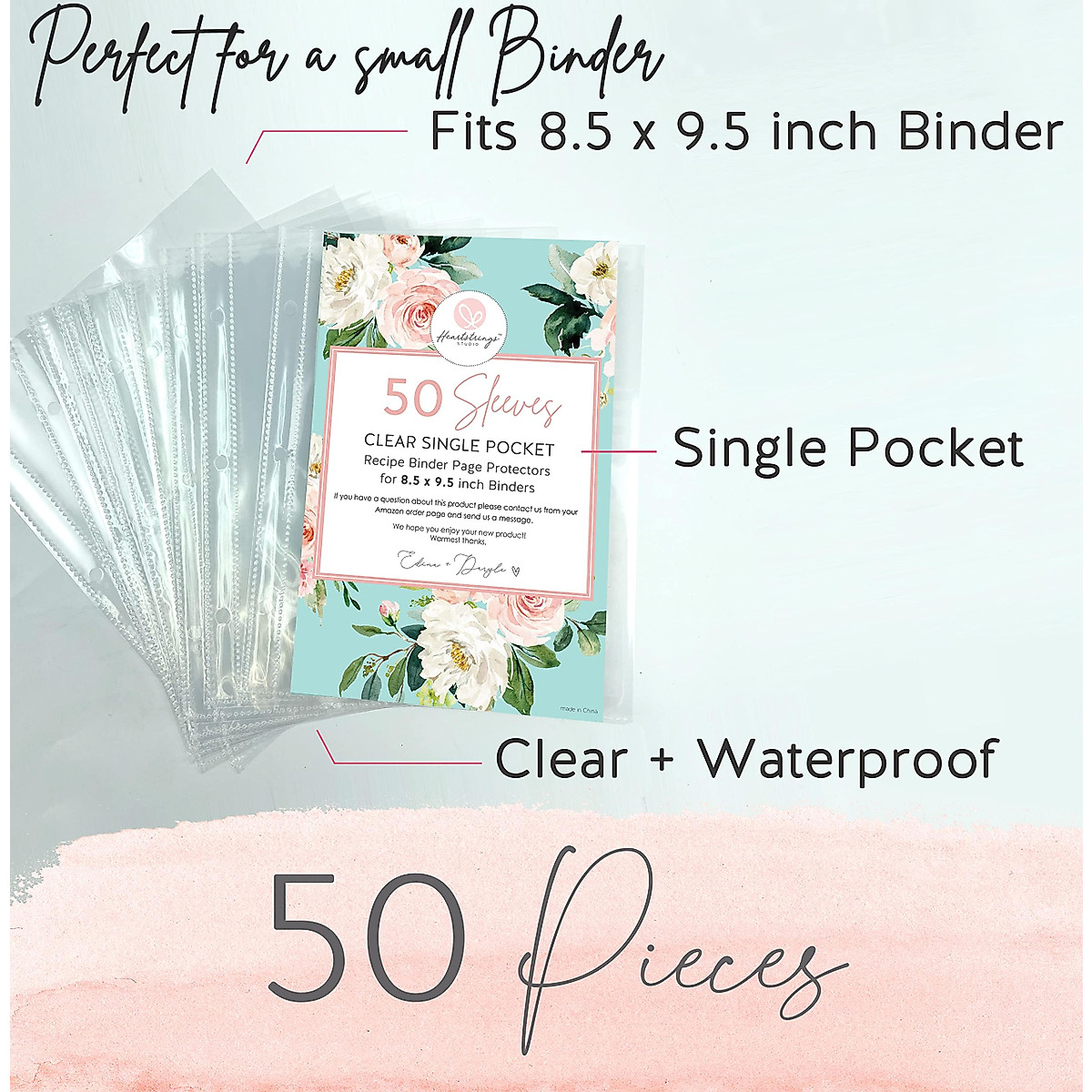 Recipe Binder Page Protectors for 8.5 x 9.5 inch Binders. Holds 50 Protective Sleeves That Hold 6.5" x 8.5" Full Recipe Cards, Heavyweight Crystal Clear Plastic Archival Sleeves, Heartstrings Studio