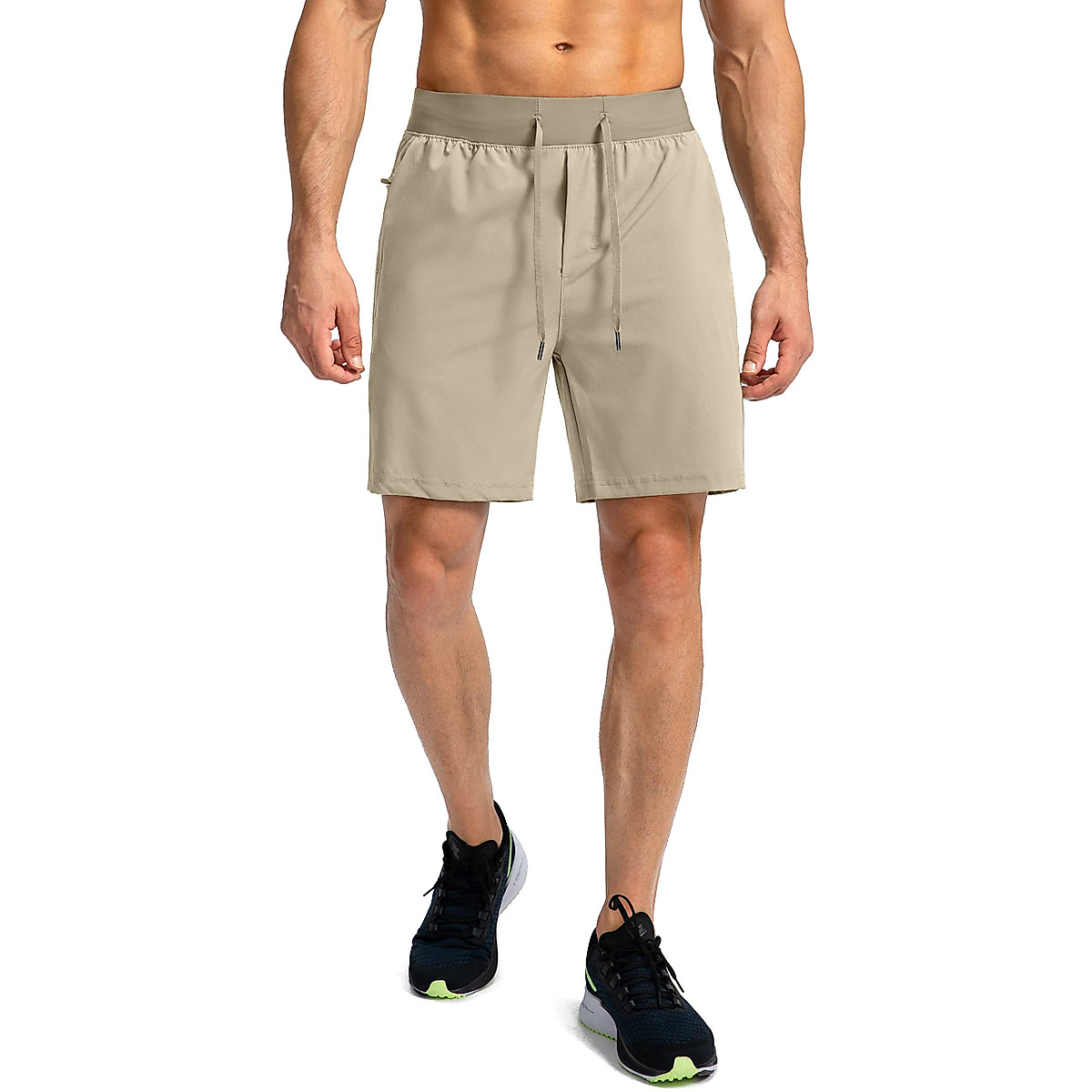 Men's Running Shorts with Zipper Pockets 7 Inch Lightweight Quick Dry Gym Athletic Workout Shorts for Men (Khaki, L)