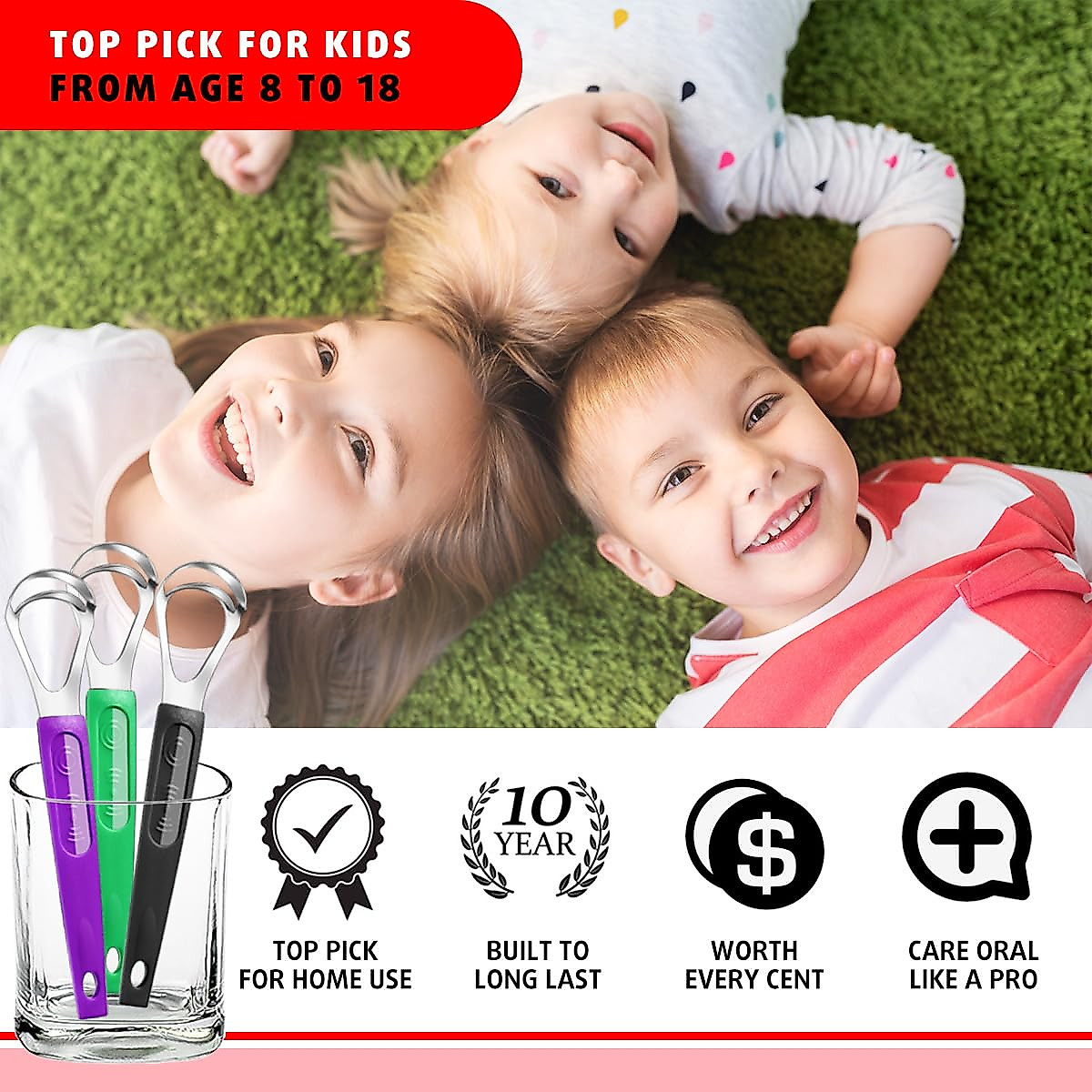 CATACC PRO 3 Pack Metal Tongue Scraper for Kids, Durable Stainless Steel Tongue Scraper Cleaner for Adults - with Travel Case