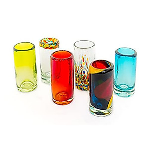 Mexican Tequila Shot Glasses - Set of 6 Large Shot Glasses Pretty Novelty Design Multicolor Recycled Glassware Set Unique Artisan Crafted Dishwasher Safe Hand Blown 2 oz