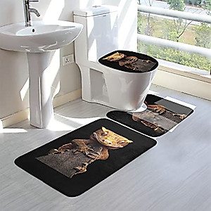 Aniaml Gecko Lizard Bathroom Carpet Floor Mat 3-Piece Set, Washable Bathroom Floor Mat/U-Shaped Toilet Mat/O-Shaped Toilet Lid Cover, with Solid Rubber Backing