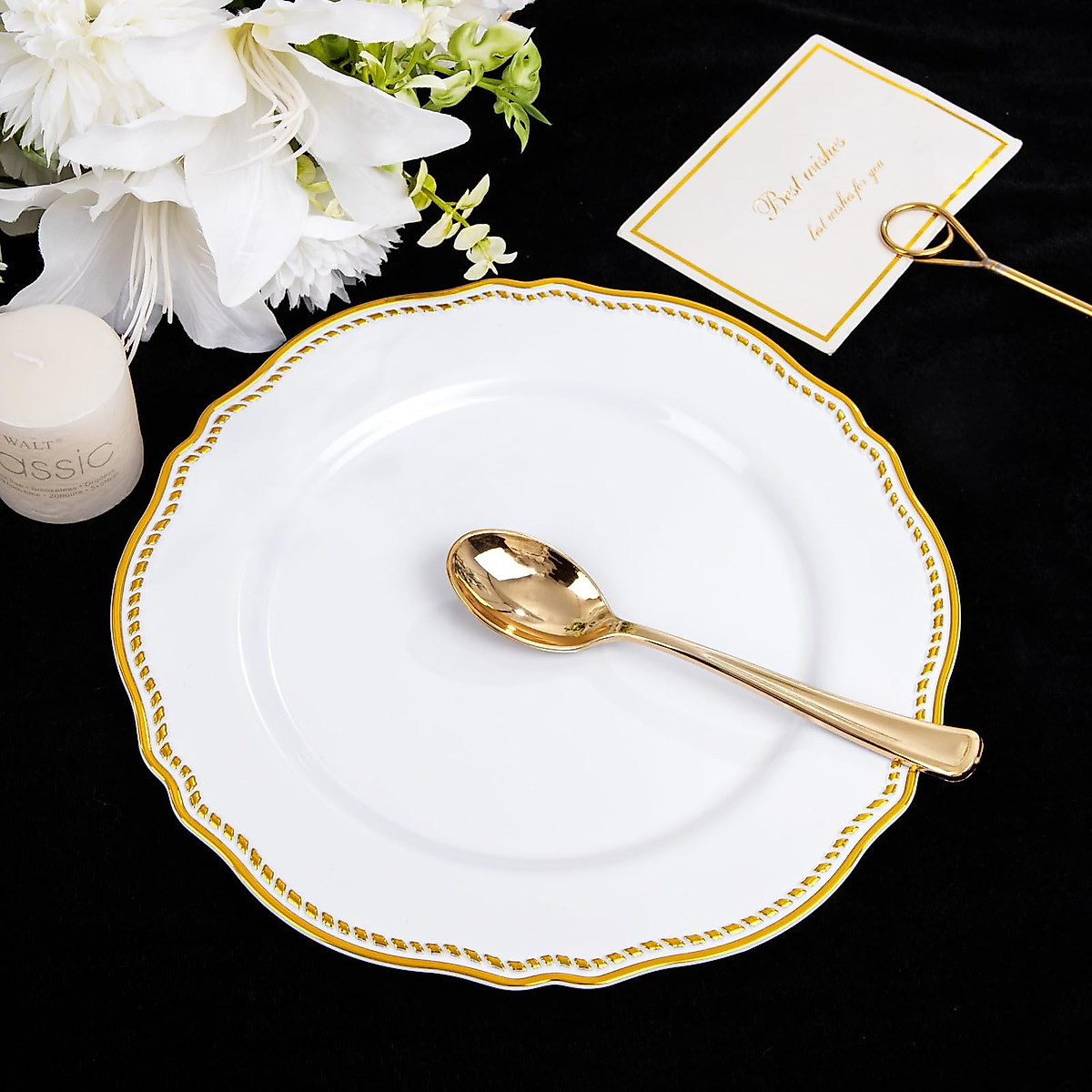 Hioasis 60pcs Gold Plastic Plates - White and Gold Trim Disposable Plates - 10.25 inch Gold Disposable Dinner Plates Perfect for Wedding & Party