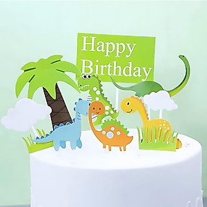 Dinosaur Cake Toppers for Boys and Girls, Dinosaur Cupcake Toppers Happy Birthday for Kids 1 2 3 4 5 6 7 8 year olds, Birthday Cake Decorations Cards Party Supplies with Clouds and Tree