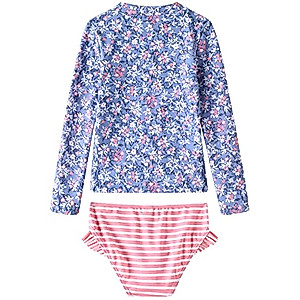 UMELOK Toddler Girls Rashguard Set Swimwear 2-Pieces Long Sleeve Bathing Suit Swimsuit Sets Light Purple/Pink, Floral/Stripe 5T