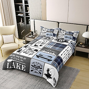 Rustic Farmhouse Style 100% Nature Cotton Duvet Cover King Size,Lake Theme Outdoor Camping Anchor Paddle Silhouette Super Soft Bedding Set,Seaside Cabin Wild Duck Comforter Cover Bedding 3 Piece