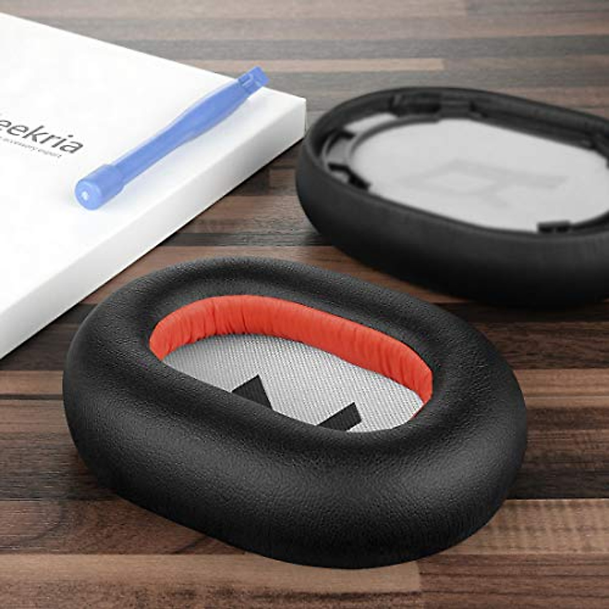 Geekria QuickFit Protein Leather Replacement Ear Pads for Plantronics BackBeat PRO 2, BackBeat PRO 2 Special Edition, Voyager 8200 UC Headphones Ear Cushions, Headset Earpads, Ear Cups (Black/Red)