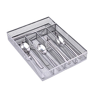 Flatware Organizers 5 Compartments, Metal Mesh Kitchen Utensil Drawer Cutlery Tray with 4 Foam Feet, Silver