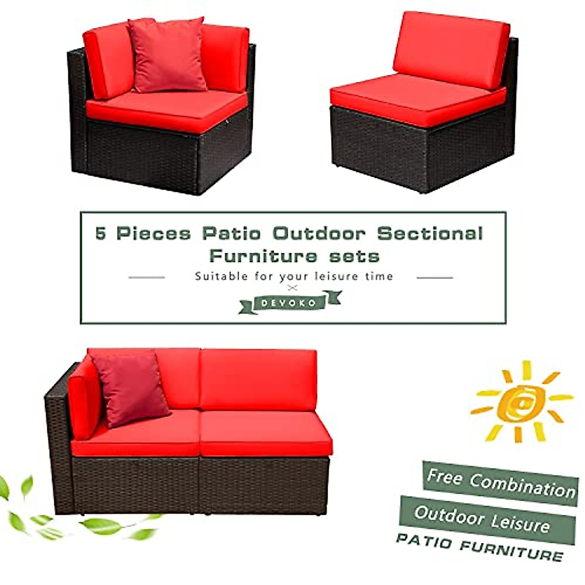 Devoko 2 Pieces Patio Furniture Sofa Sets Outdoor All-Weather Sectional Corner Sofa and Armless Sofa (Red)