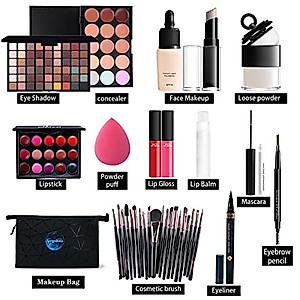 All in one makeup kit full versatile essential eyeshadow palette lipstick, blush, foundation, concealer, lip gloss, mascara, lip balm, powder puff powder, makeup set for women