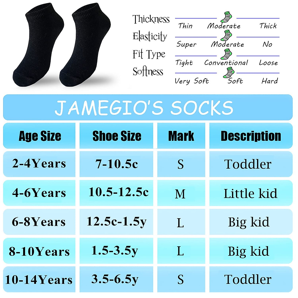 JAMEGIO Janegio 18 Pairs Kids' Black Ankle Socks Low Cut Half Cushion Sport Ankle Socks Boys Girls(6-8 Years)