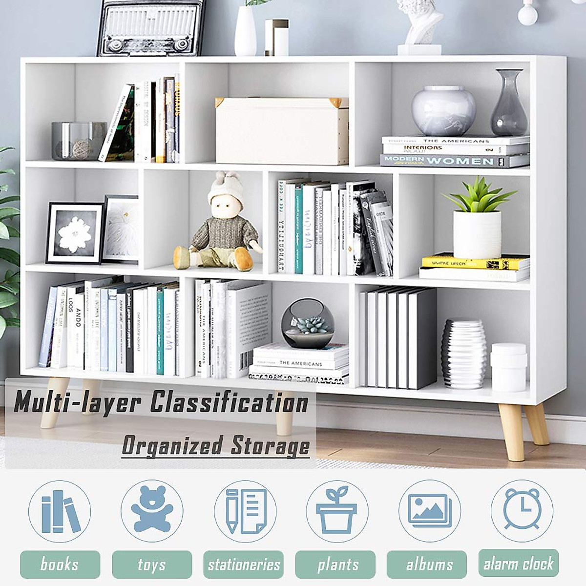 IOTXY Wooden Open Shelf Bookcase - 3-Tier Floor Standing Display Cabinet Rack with Legs, 10 Cubes Bookshelf, Warm White