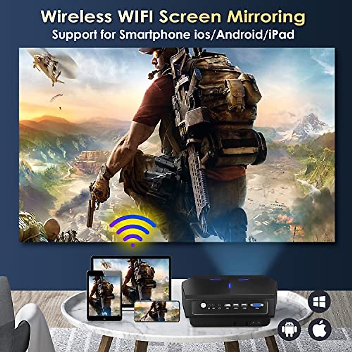 Native 1080p HD Projector, WiFi Bluetooth Projector, 5G WiFi Projector Portable Home Theater Video Projector Compatible w/ HDMI, VGA, USB, iOS&Android Smartphone