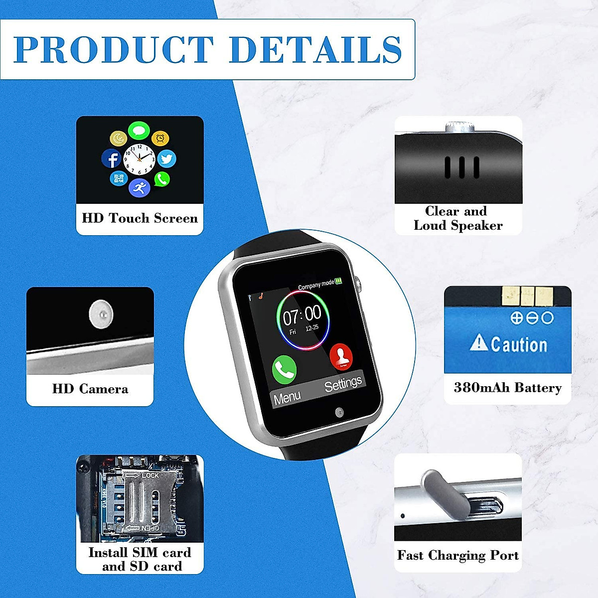 Bluetooth Smart Watch A1 Bluetooth GSM SIM Phone Smart Watch for Android Smart Phones (Silver)