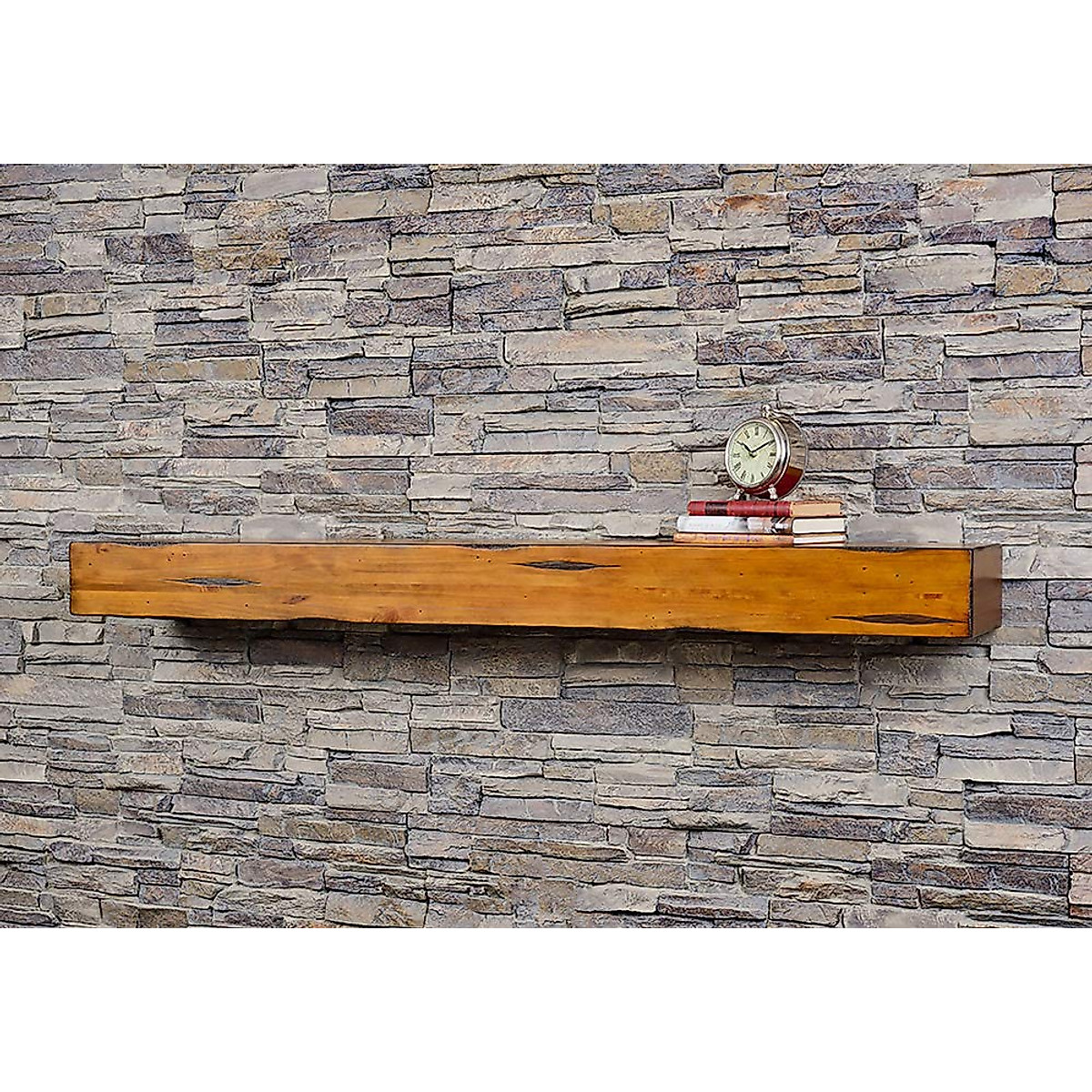 48 Inch Floating Fireplace Mantel Wood Shelf In Chestnut Rustic - Breckenridge From Mantels Direct | With Corbel Bracket Arches | Wooden Rustic Wall Shelf Perfect for Electric Fireplaces and Décor