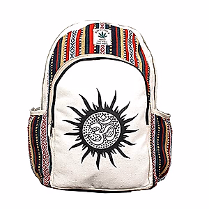 VIBRANIC Himalayan HEMP Laptop Backpack - THC Free - 13”/15” Laptop Compartment - All Natural Handmade - Multi-Pocket - Multi Stripe Om Print - Made in Nepal