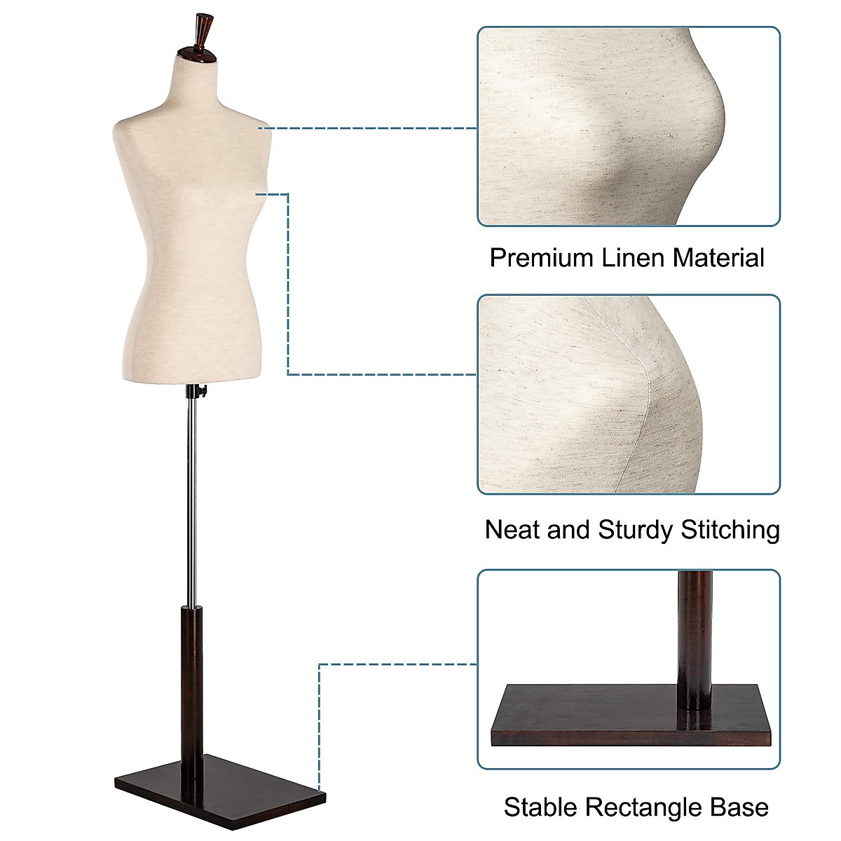 VINGLI Female Dress Form, Mannequin Torso Body with Adjustable Wood Stand for Dress Display Clothes Design, Pinnable Manikin (White, 6-8)