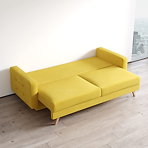 MEBLE FURNITURE & RUGS Vegas Futon Sofa Bed, Queen Sleeper with Storage, Yellow