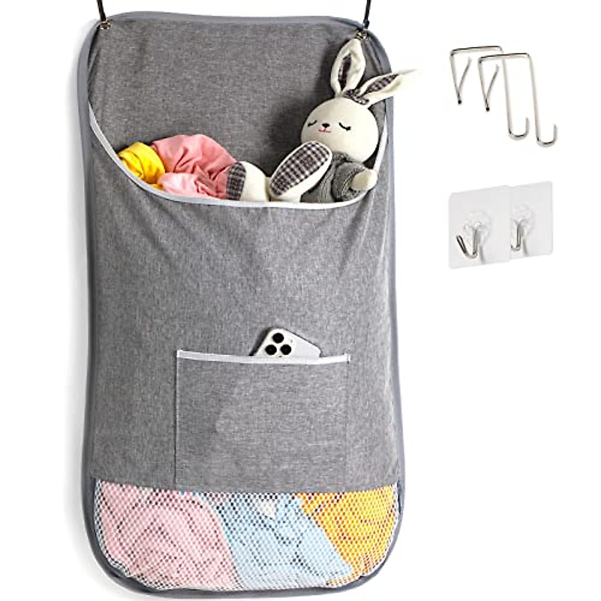 KOOZTI Hanging Laundry Hamper Bag, Over the Door Laundry Bag with U-Shaped Bottom Zipper Opening, Breathable Honeycomb Mesh window, Space Saving Laundry Bag with 2 Types of Hooks
