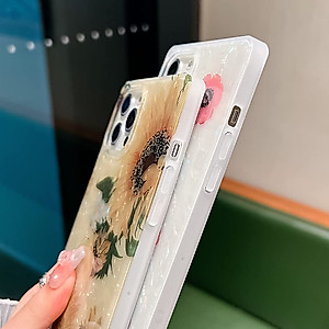 KERZZIL Square Edge Compatible with iPhone 13 Pro Max Mother-of-Pearl Case,Chic Slim Sunflower Pattern Soft TPU Silicone Rubber Gel Protective Bumper Cases Cover(Green)