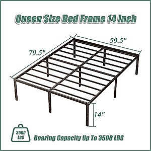 JTPTU 14 Inch Queen Size Bed Frame No Box Spring Needed,Heavy Duty Metal Queen Platform Bed Frame,Steel Slat Support, Easy Assembly, Noise Free,Black Queen Bed Frame