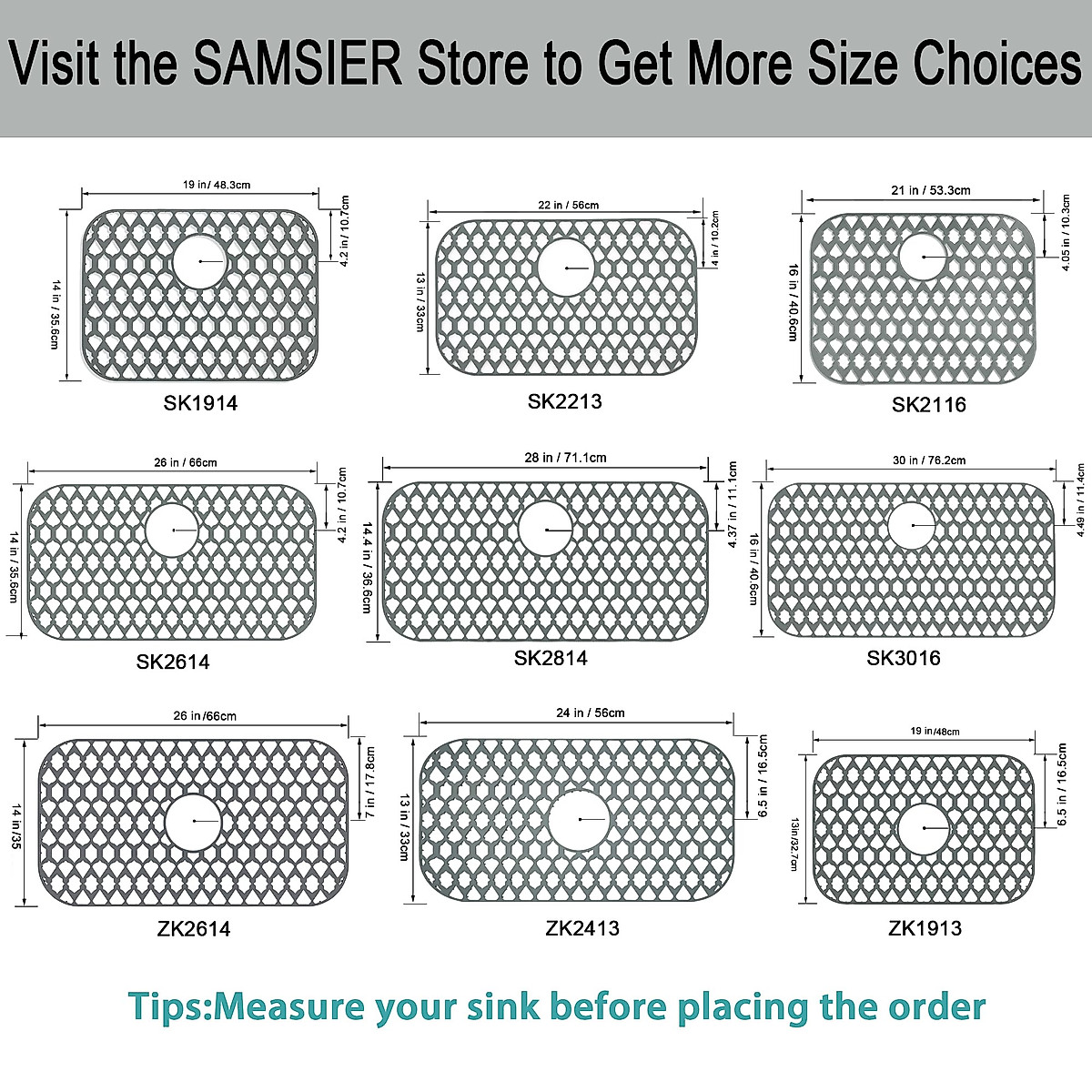SAMSIER Sink Protectors for Kitchen Sink 13x11&16x12&19x14&21x16&22x13&24x13&26x14&28x14&30x16, Large Silicone Sink Mats Grid for Bottom of Farmhouse Stainless Steel Sink (19”x14”, Rear Drain)