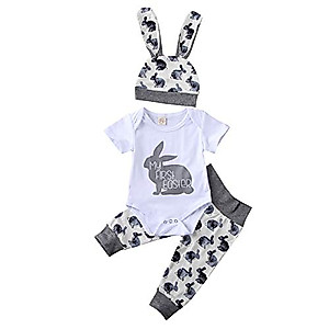 Newborn Baby Girls Boys Easter Outfits My 1st Easter Romper + Bunny Pants + Rabbit Ears Hat (Grey, 0-3 M)