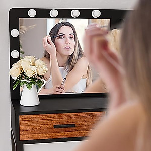 Semiocthome Vanity Desk with Mirror and 10 LED Lights, 39.4"W Makeup Desk with 2 Big Drawers and Side Shelves for Storage, Girl's Dressing Table with Metal Frame, Corner Makeup Table with Chair- Brown